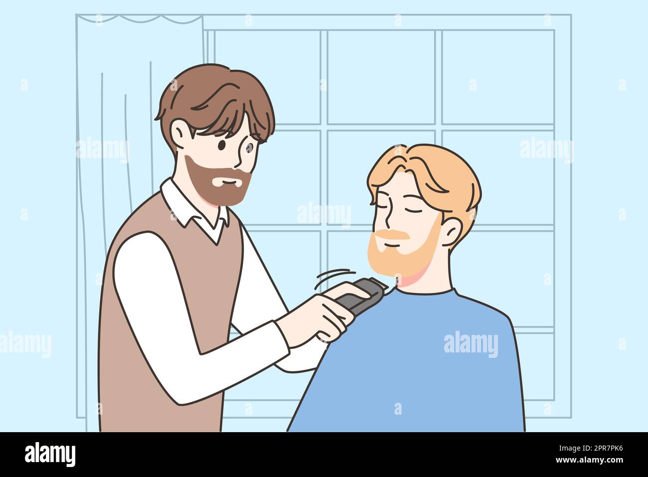 Barber shaving male client beard in barbershop. Hairstylist work with ...