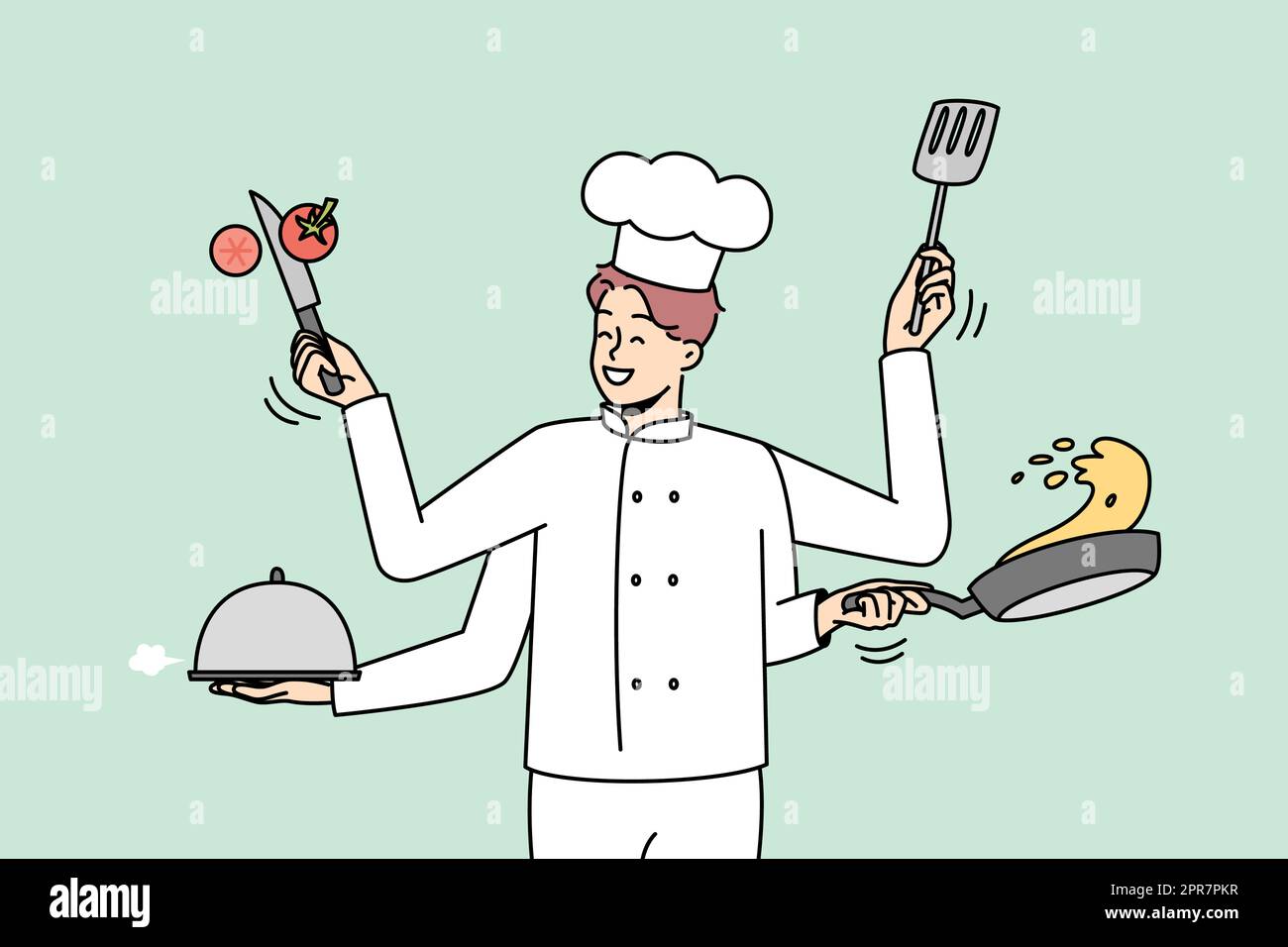 Smiling male chef in uniform with kitchen utensils multitasking at work ...