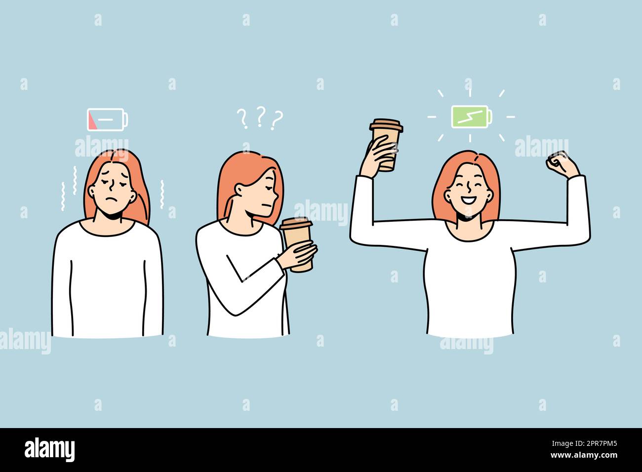 Woman before and after drinking coffee. Female get energy from hot ...