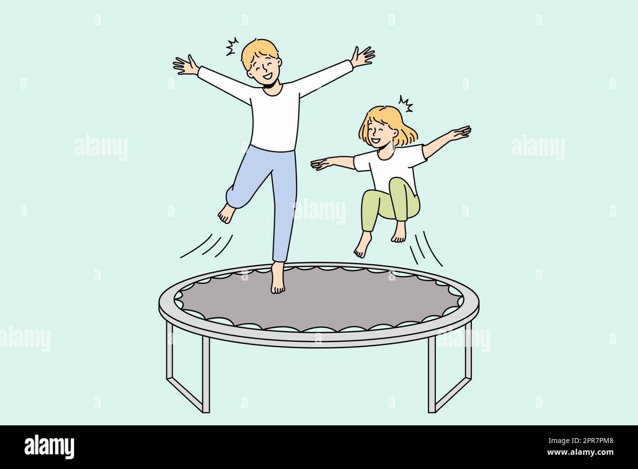 Overjoyed small kids have fun jumping on trampoline outdoors. Smiling ...