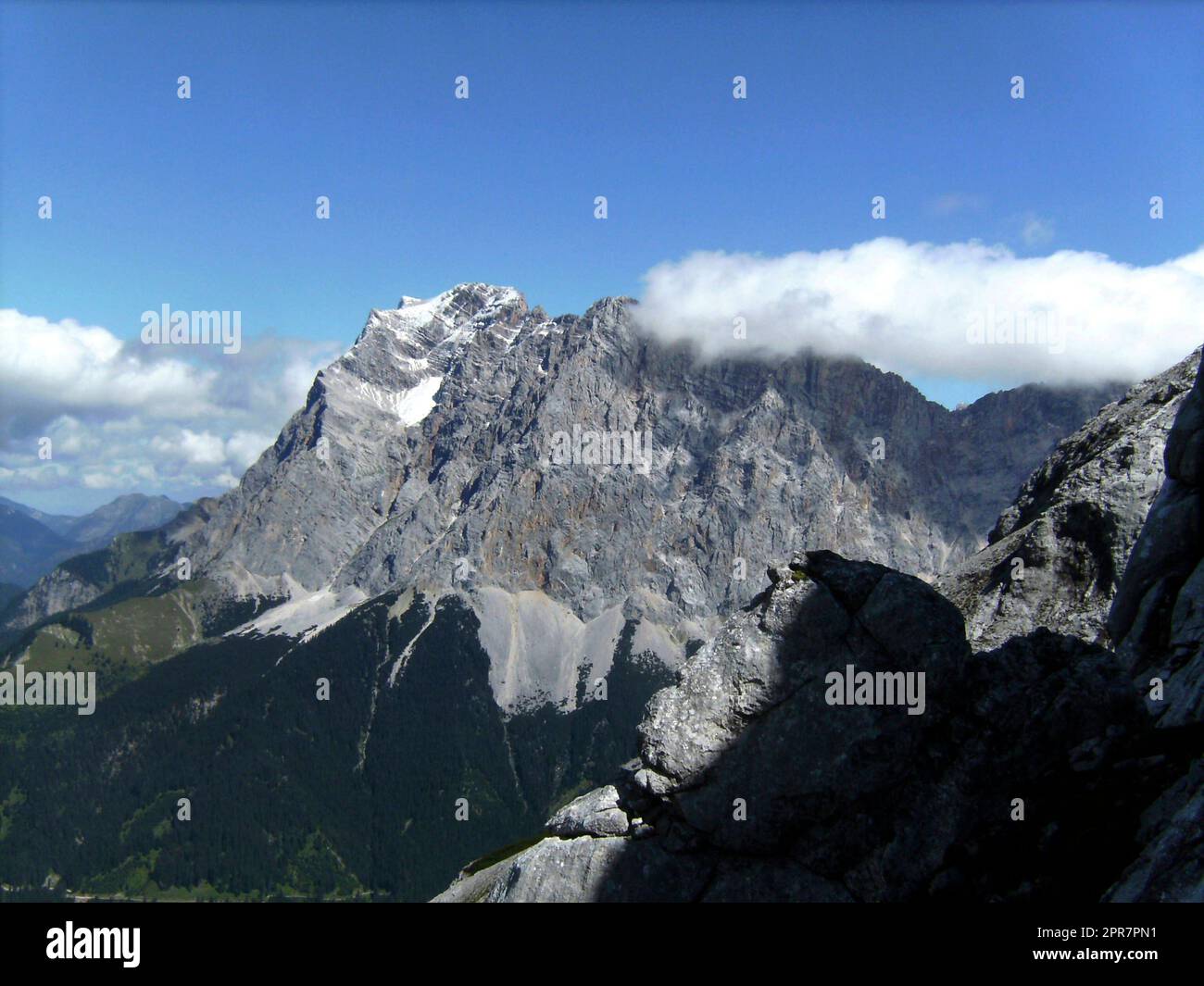 Via ferrata at high mountain lake Seebensee, Zugspitze mountain, Tyrol ...