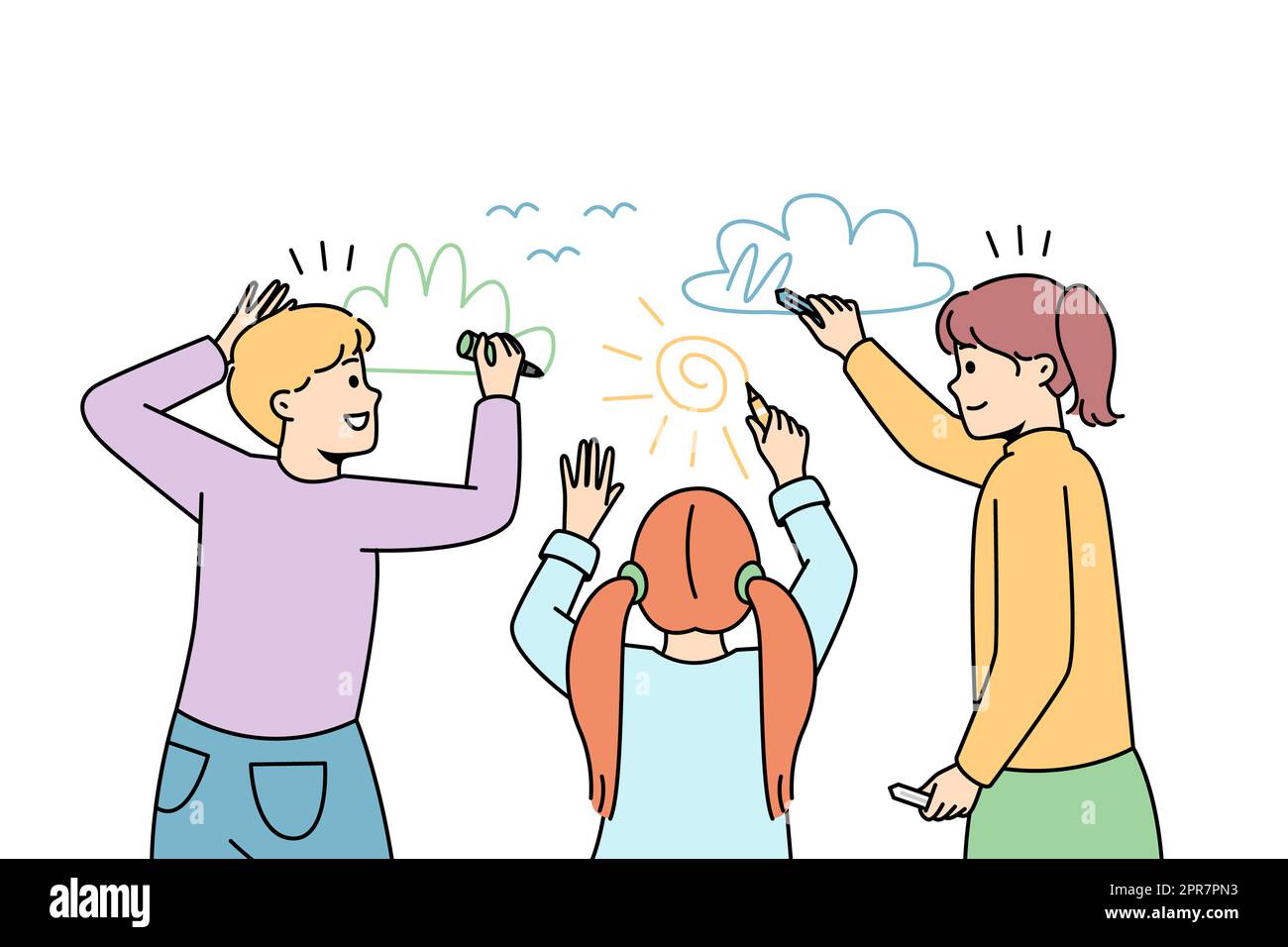 Happy children drawing together on white wall. Smiling kids painting ...