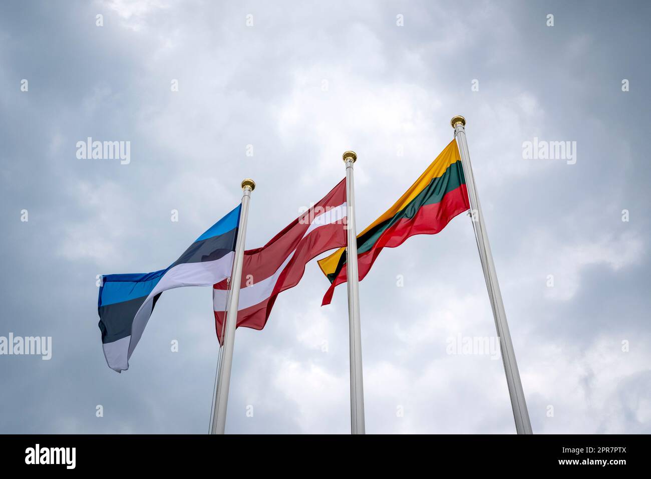 Flags of the Estonia, Latvia and Lithuania, low angle view. Flags of ...