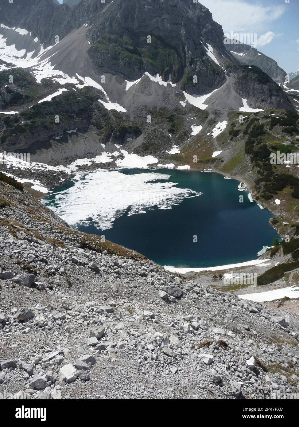 Via ferrata at high mountain lake Seebensee, Zugspitze mountain, Tyrol ...