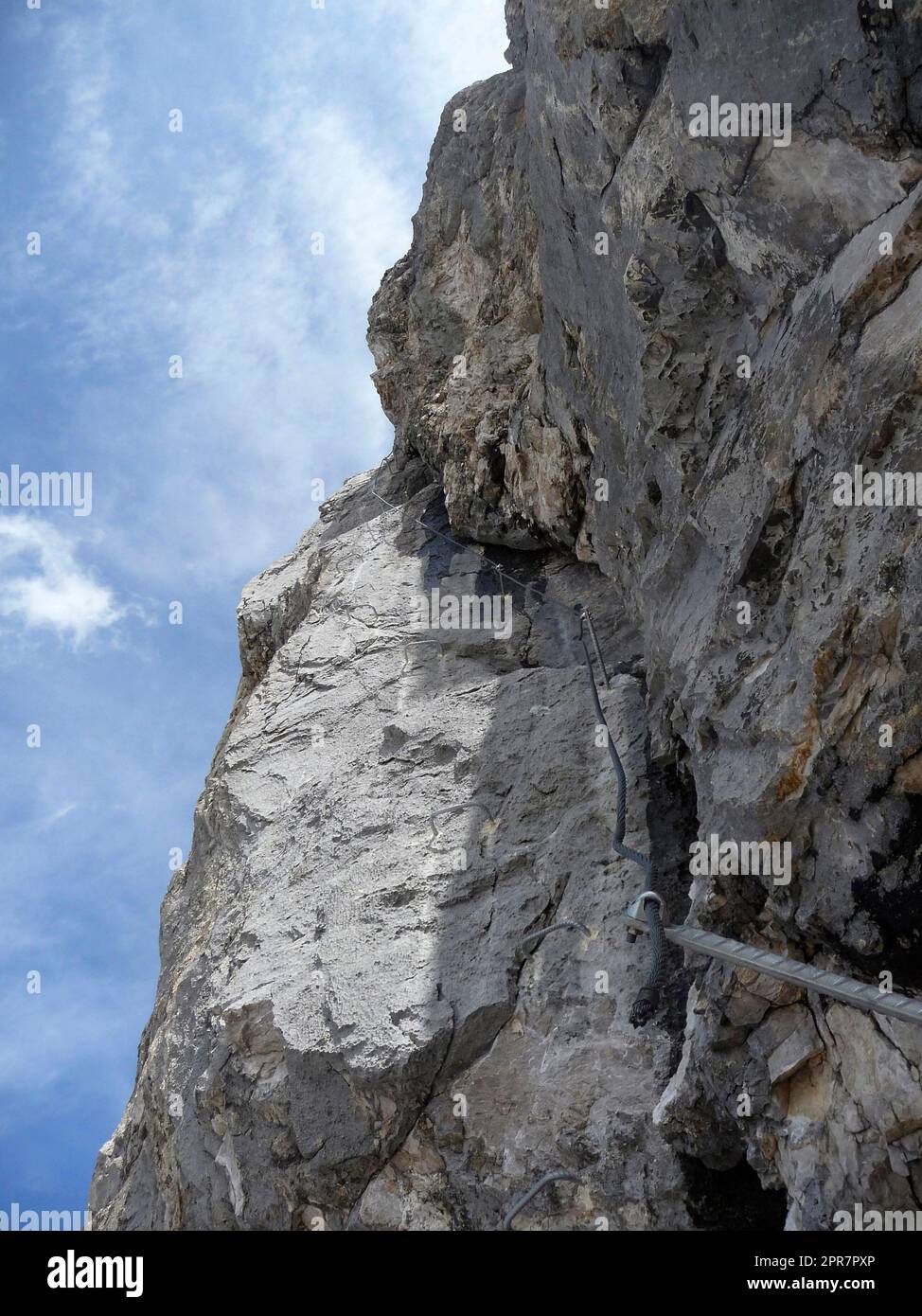 Via ferrata at high mountain lake Seebensee, Zugspitze mountain, Tyrol ...