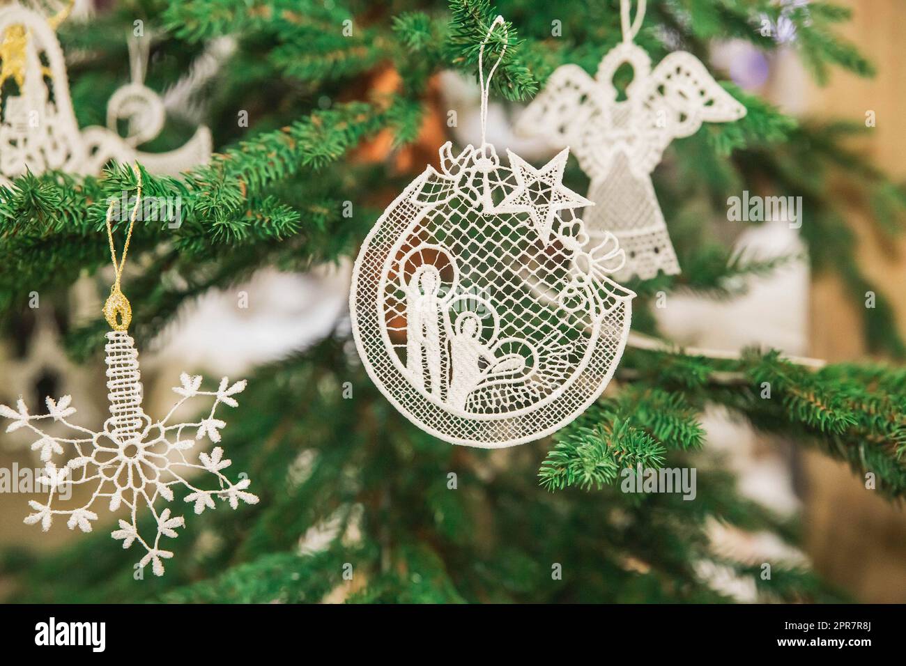 Embroidered Christmas toys in the form of angel and birth of Christ ...