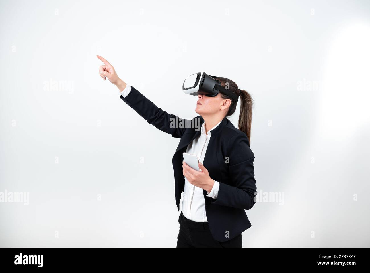 Woman Holding Mobile Phone, Wearing Vr Glasses And Pointing On Recent ...