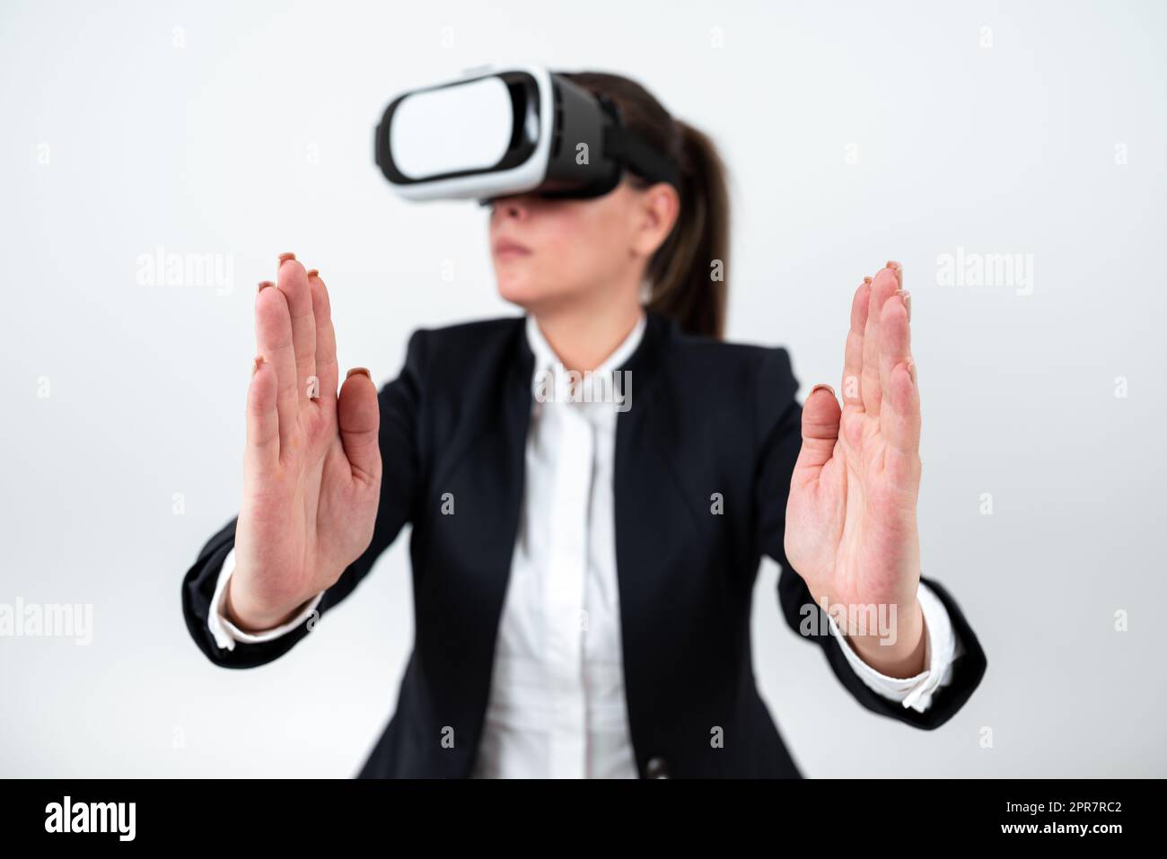 Woman Wearing Vr Glasses And Presenting Important Messages Between ...