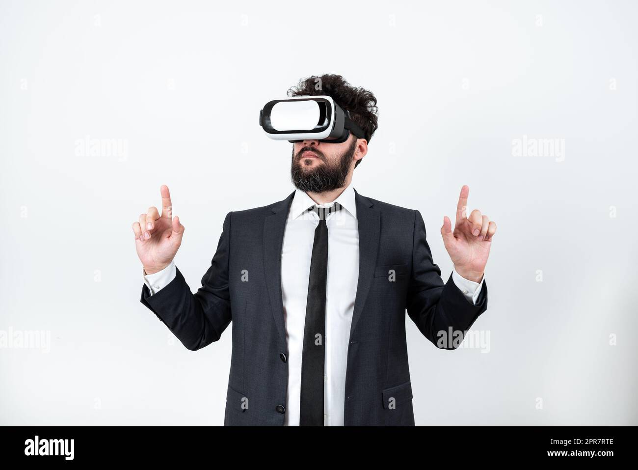 Man Wearing Vr Glasses And Pointing On Important Messages With Both ...