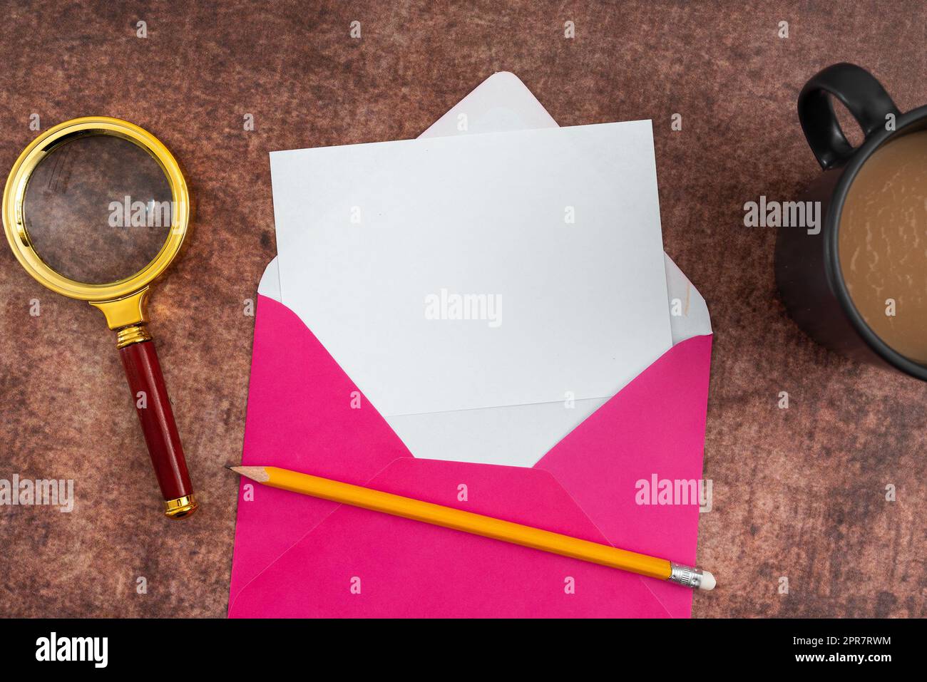Blank Letter With Envelope, Pencil, Magnifying Glass And Coffee Mug Placed Wood Presenting ...