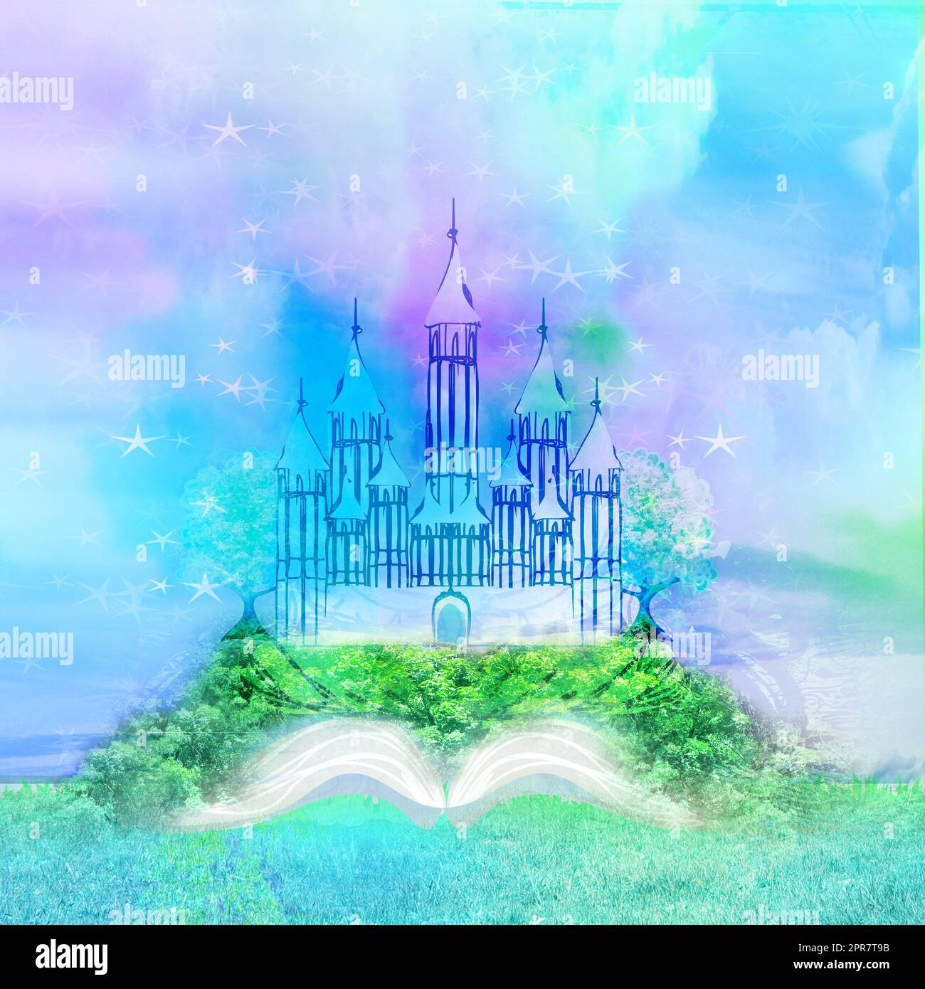 Magic world of tales, fairy castle appearing from the book Stock Photo ...