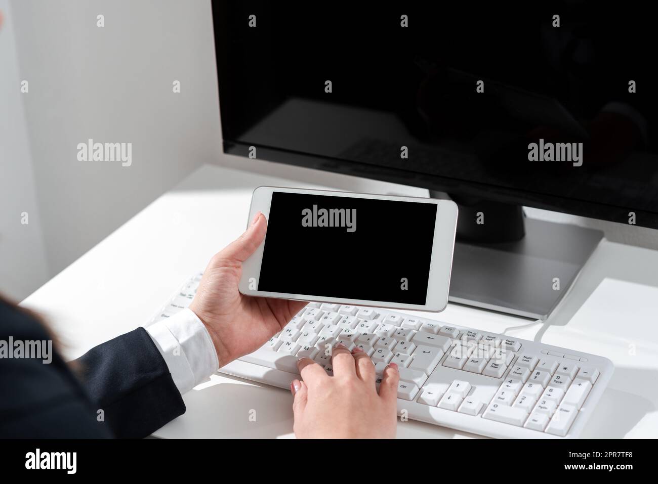 Businesswoman Holding Mobile Phone With Important Announcements Sitting ...