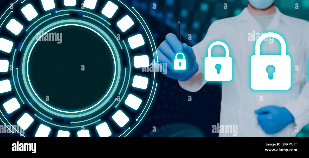 Doctor Holding Pen And Pointing On Digitally Generated Padlocks By ...