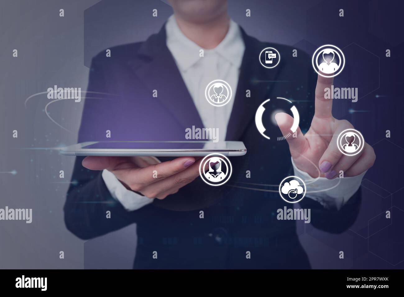 Lady in suit holding tablet symbolizing successful teamwork ...