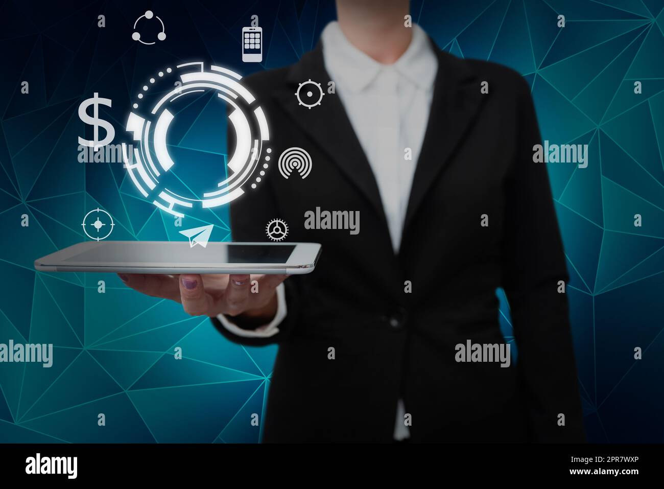 Lady in suit holding tablet presenting innovative thinking symbolizing ...