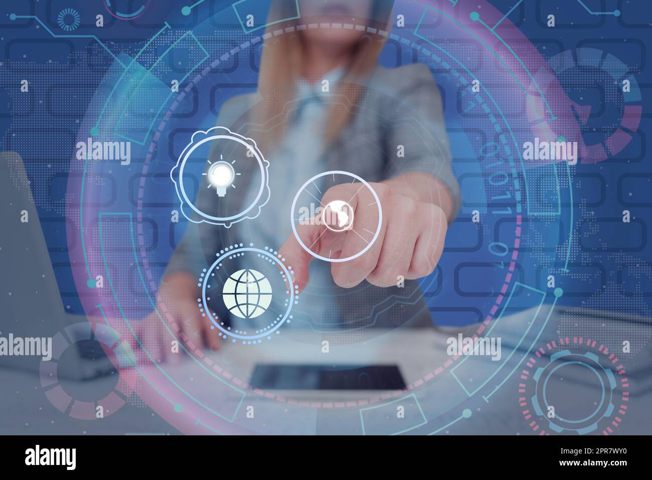 Lady in suit pointing finger represents global innovative thinking ...