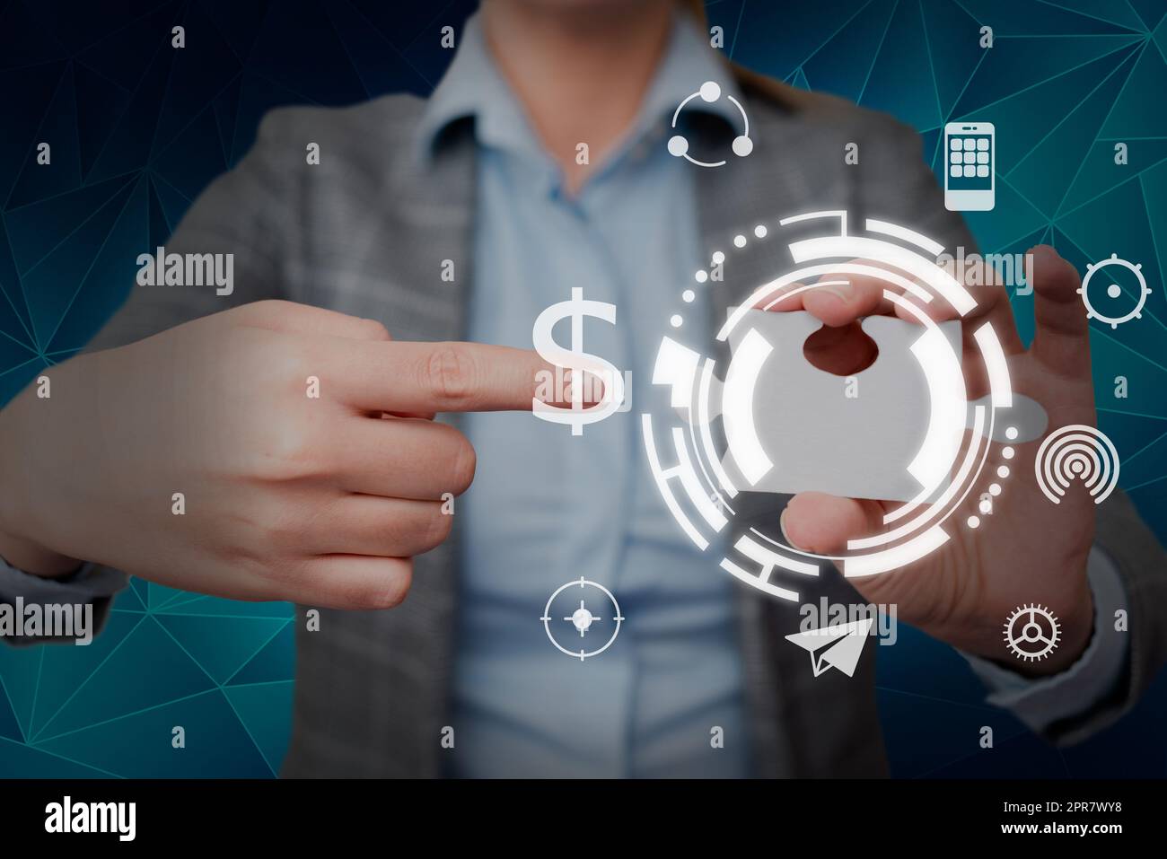 Lady in suit pointing puzzle piece representing innovative thinking ...