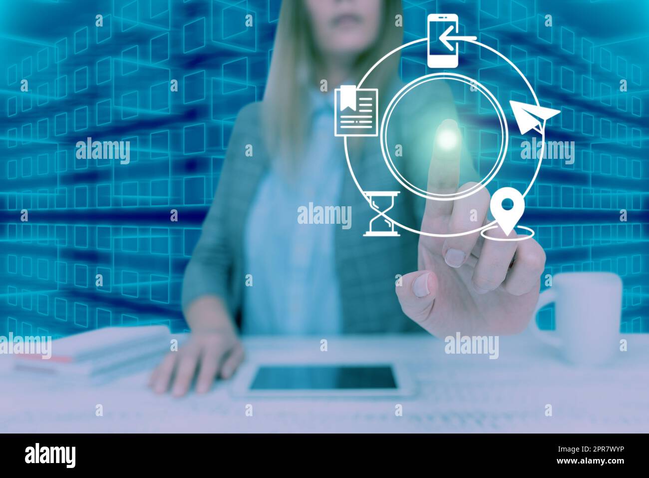 Lady in suit pointing finger upwards symbolizing successful teamwork ...