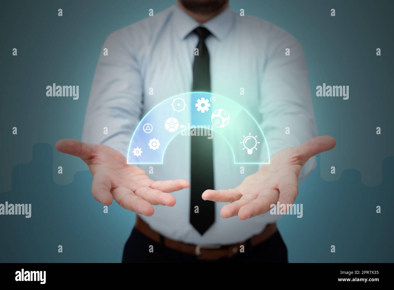 Businessman in suit holding open palms represents innovative thinking ...