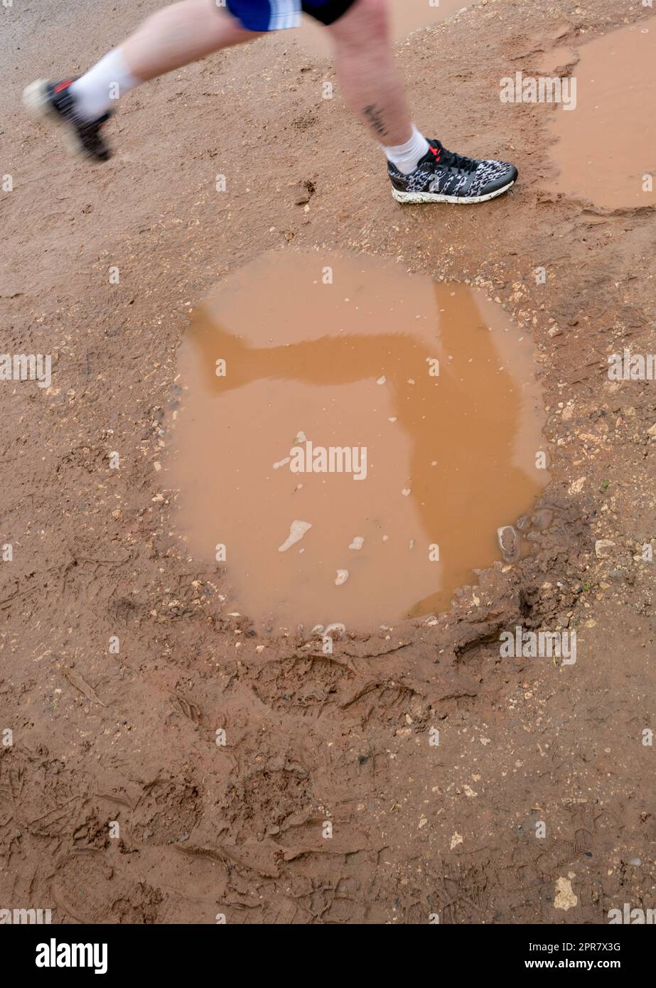Legs of a 10km runner, running over muddy puddles Stock Photo - Alamy