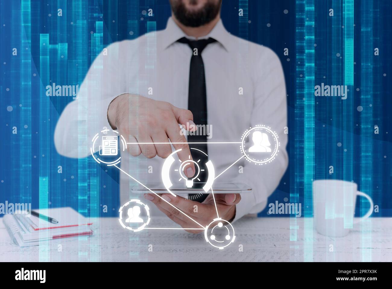 Businessman in suit pointing down tablet represents global innovative ...