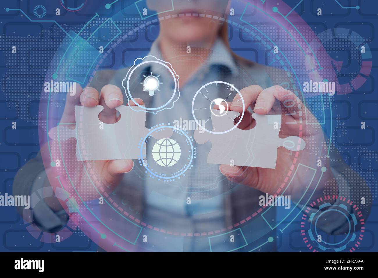 Lady in suit holding two puzzle pieces representing innovative thinking ...