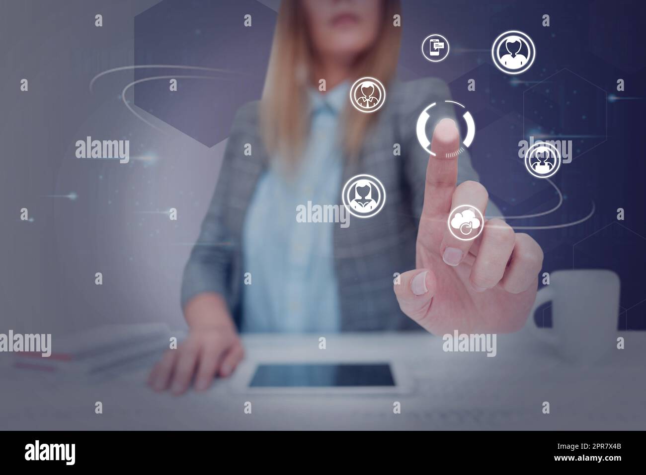 Lady in suit pointing finger upwards symbolizing successful teamwork ...