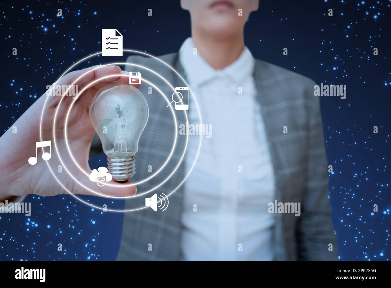 Lady in suit holding light bulb representing innovative thinking ...