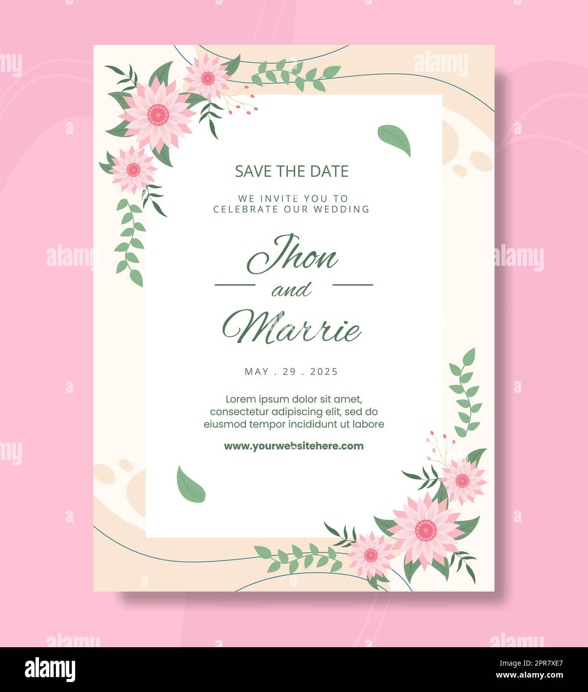 Floral Wedding Poster Template Flat Cartoon Background Vector ...