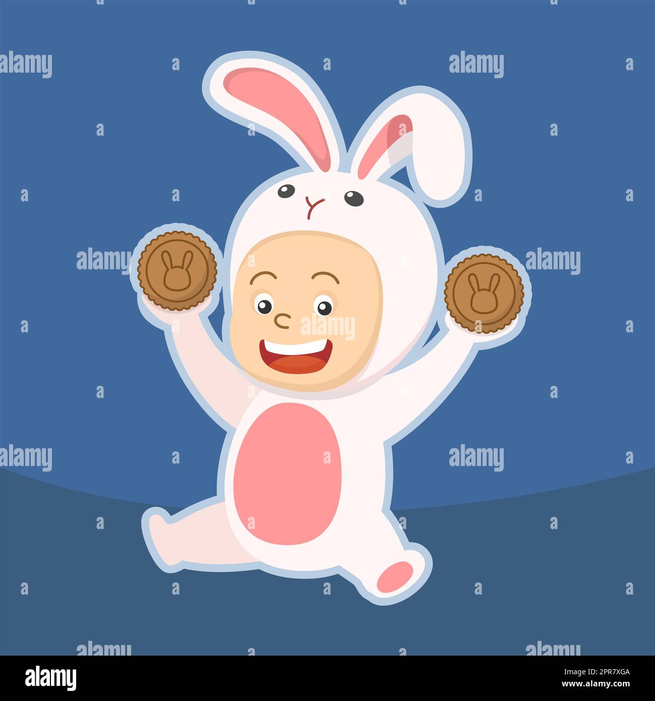 cute kid in rabbit costume holding two mid autumn festival mooncake ...