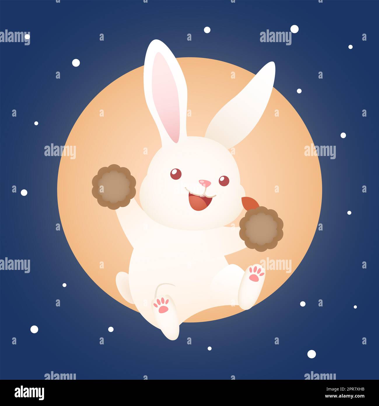 cute mid autumn festival rabbit bunny holding moon cake with big moon ...