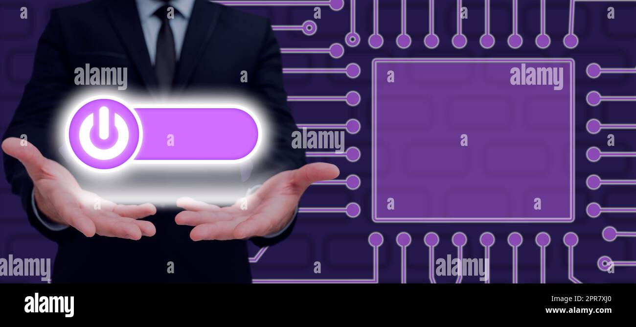 Businessman With Two Hands Presenting Power Button Symbol And ...