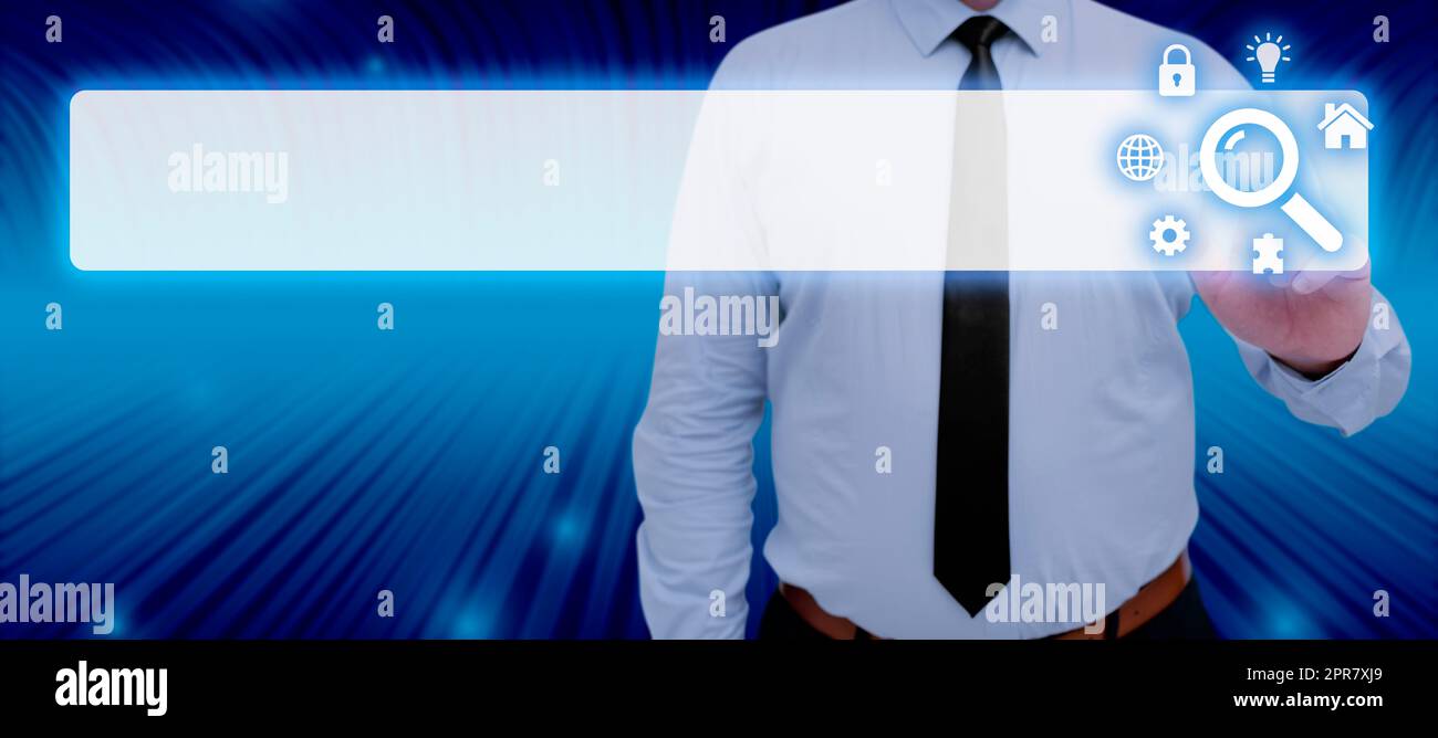 Businessman Pointing On Digital Symbols And Search Bar Looking For Data ...