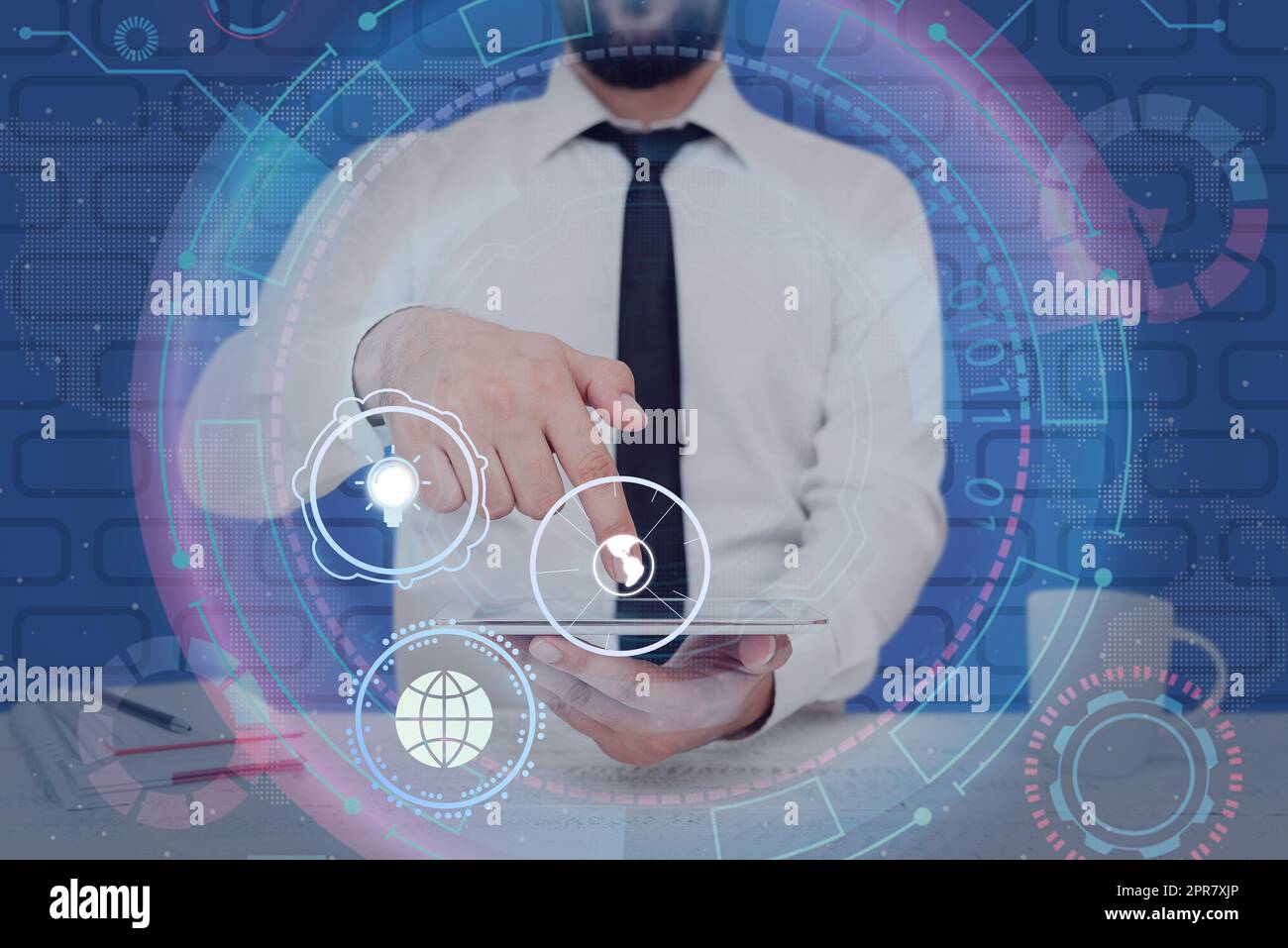 Businessman in suit pointing down tablet represents global innovative ...