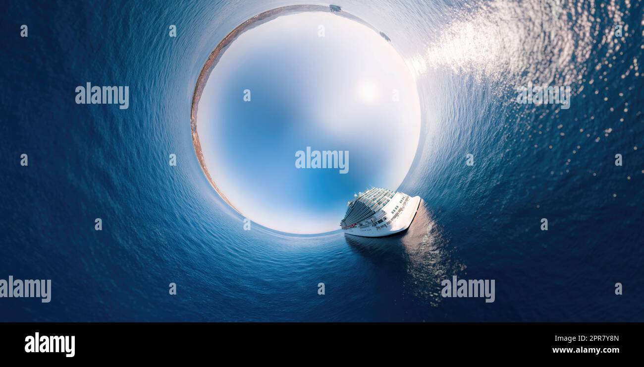 Cruise ship sailing to the sky. Stereographic projection Stock Photo ...