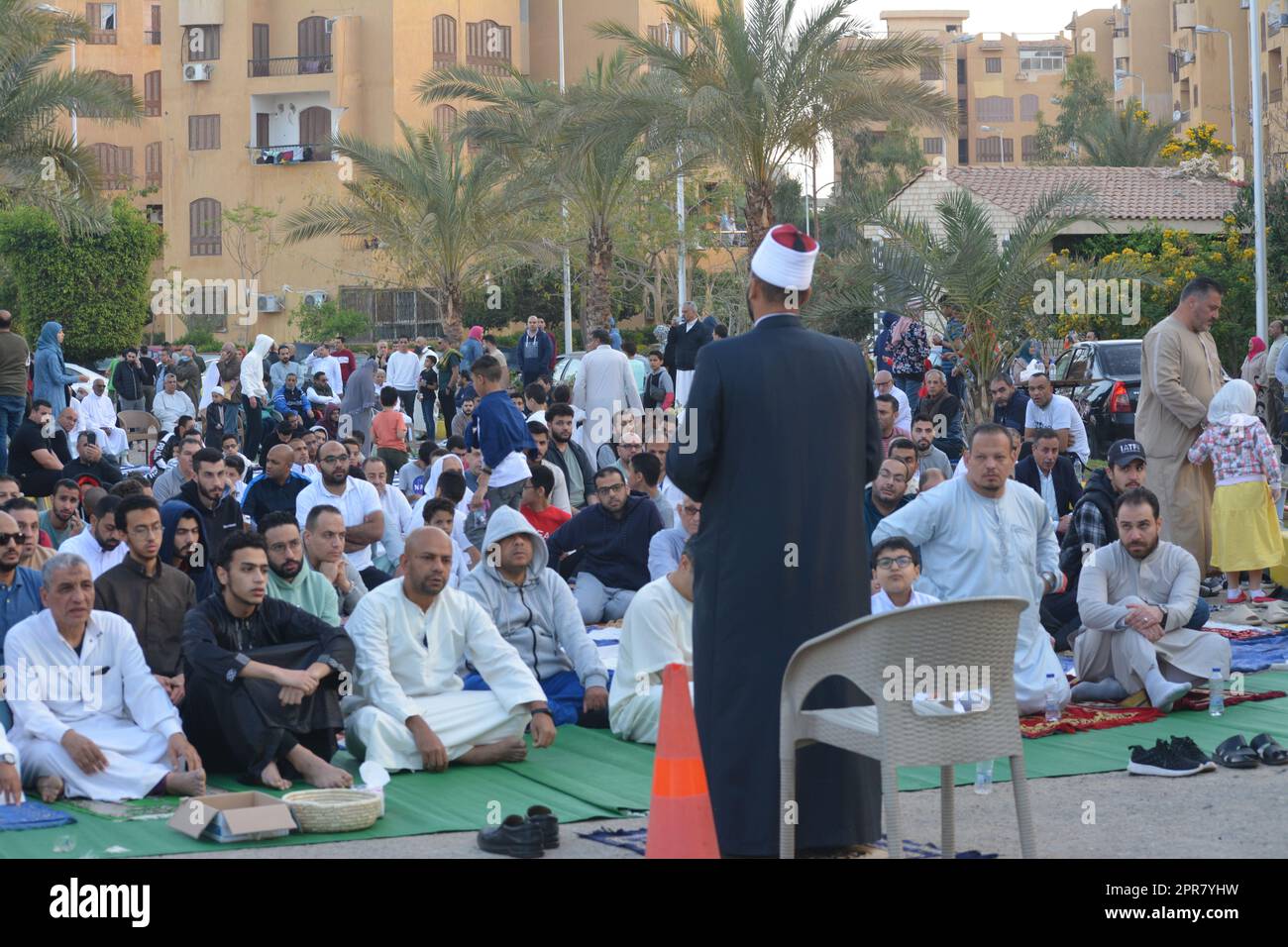 Cairo, Egypt, April 21 2023: A mosque preacher Imam performs Eid Al ...