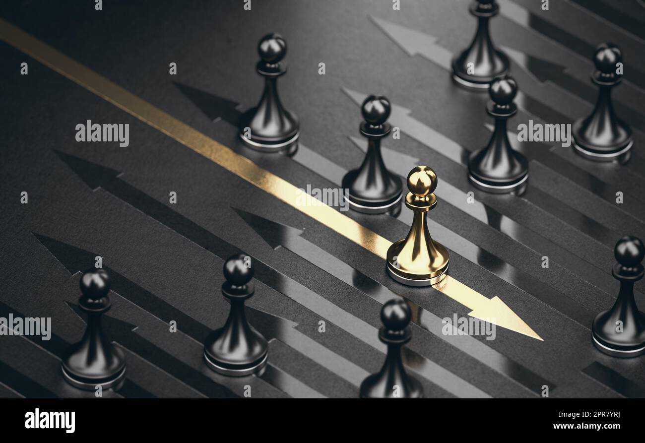 3d illustration of many black pawns going on the same direction and a ...