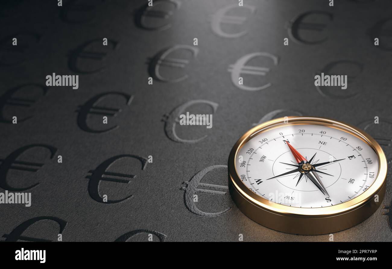 Golden compass over black background with euro symbol and copy space ...