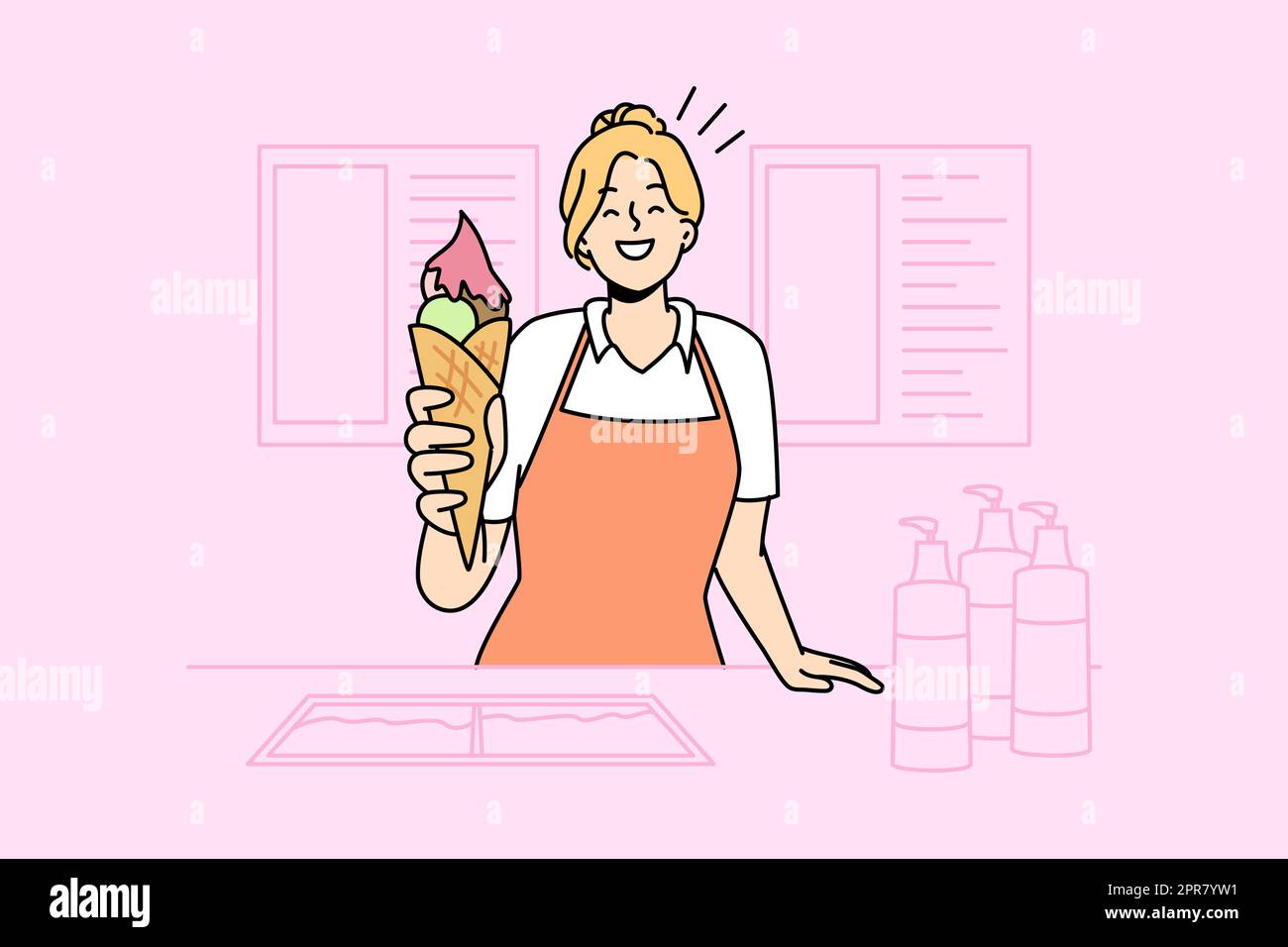 Smiling girl seller stretch hand with ice-cream from street vendor ...