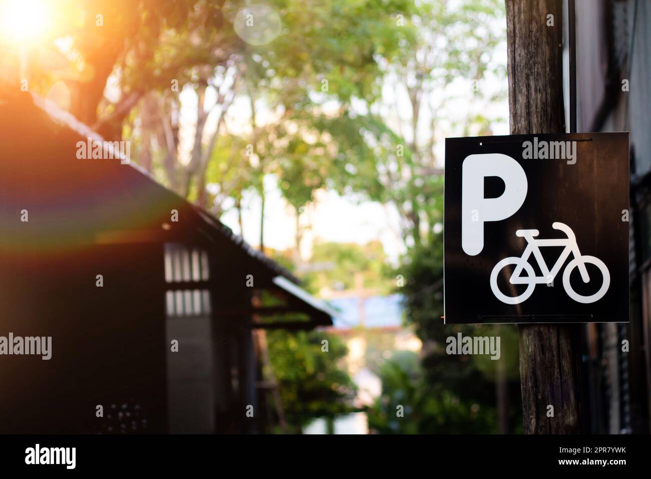 Bicycle sign, Bicycle lane in park.Bicycle parking nature eco concept ...
