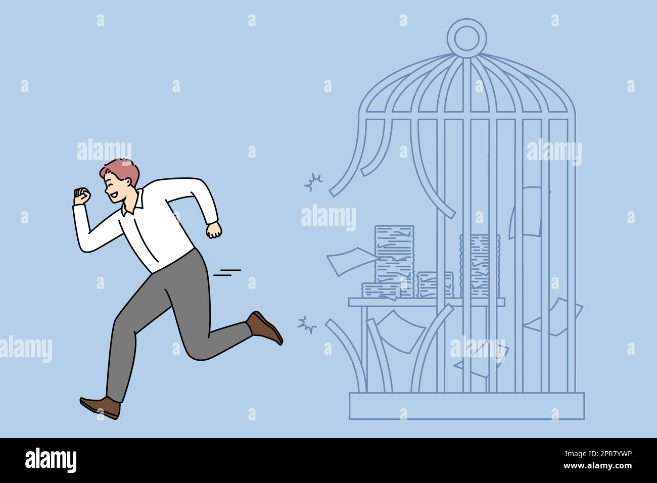 Happy businessman escape cage with paperwork quit office job. Excited ...