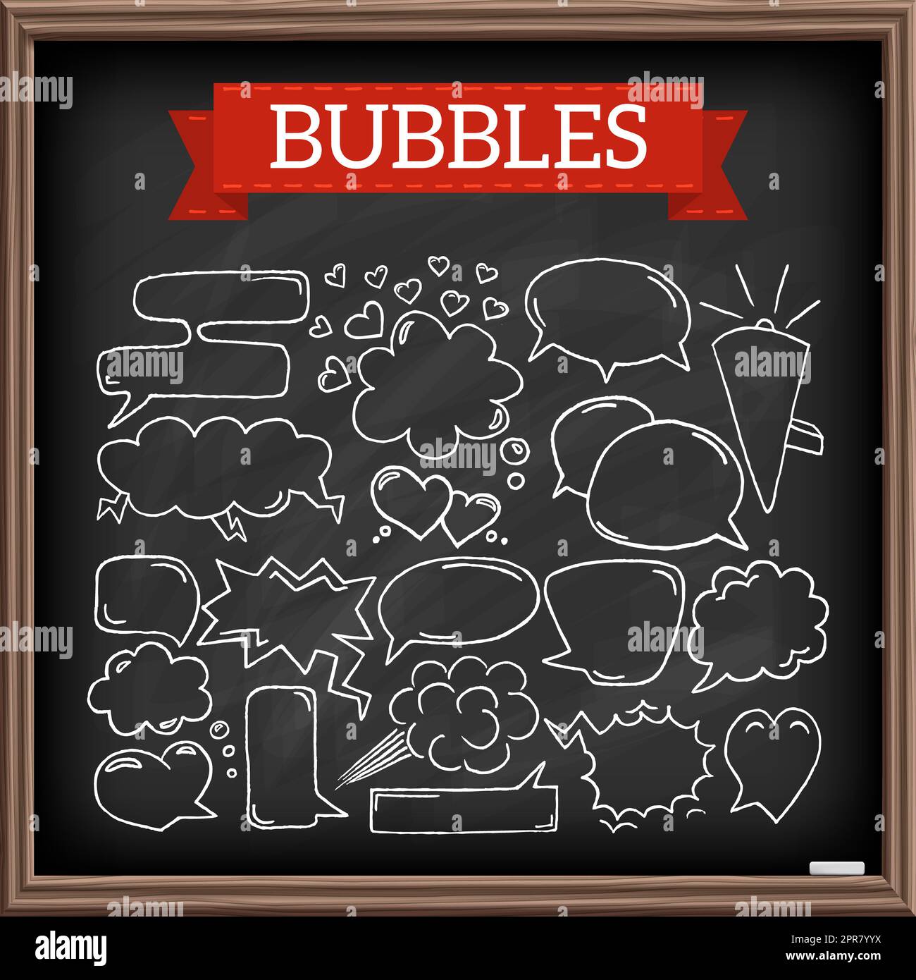 Hand drawn speech bubbles with hearts and clouds, chalkboard effect ...