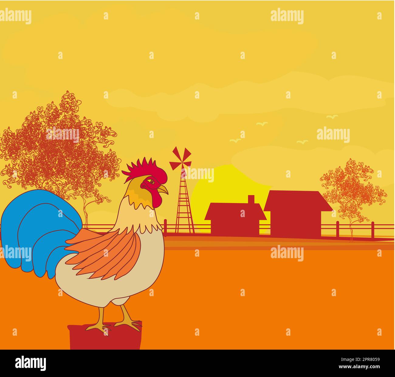 illustrations of crowing rooster on farm backgrounds Stock Photo - Alamy