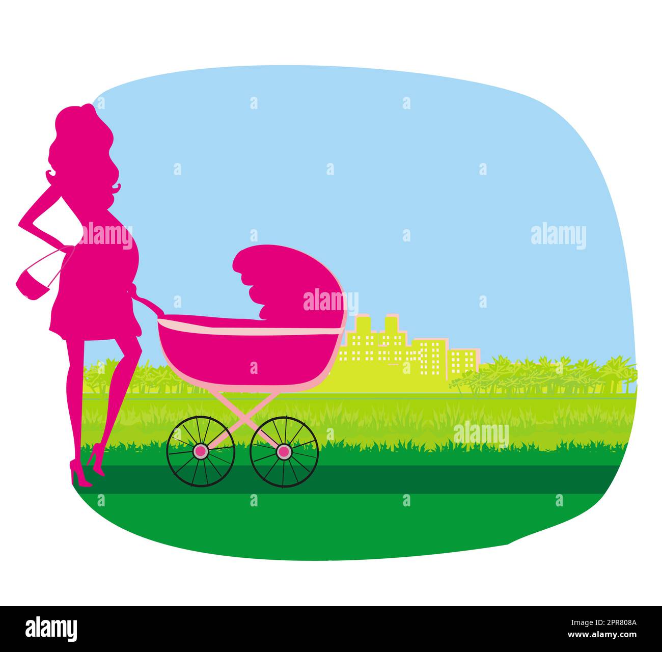 Cartoon mother pushing baby stroller hi-res stock photography and ...