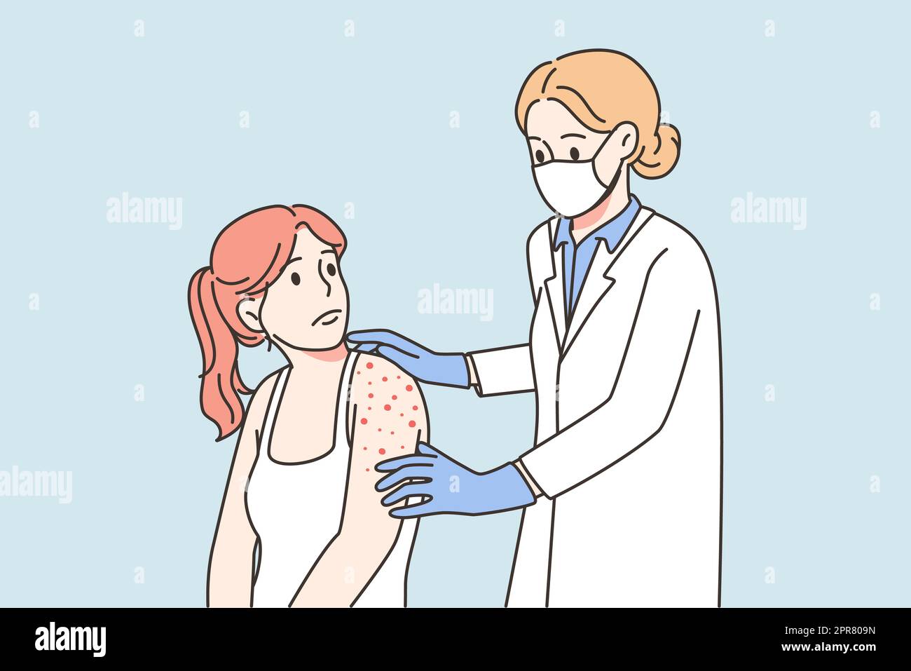 Doctor checking woman with red pimples on body. Nurse examine female ...
