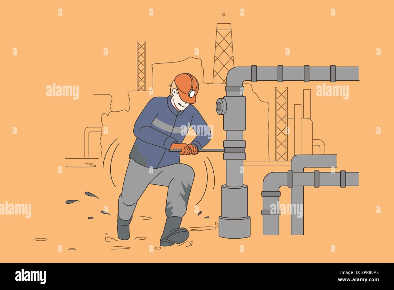 Male worker in uniform working at oil production site. Digger repairing ...