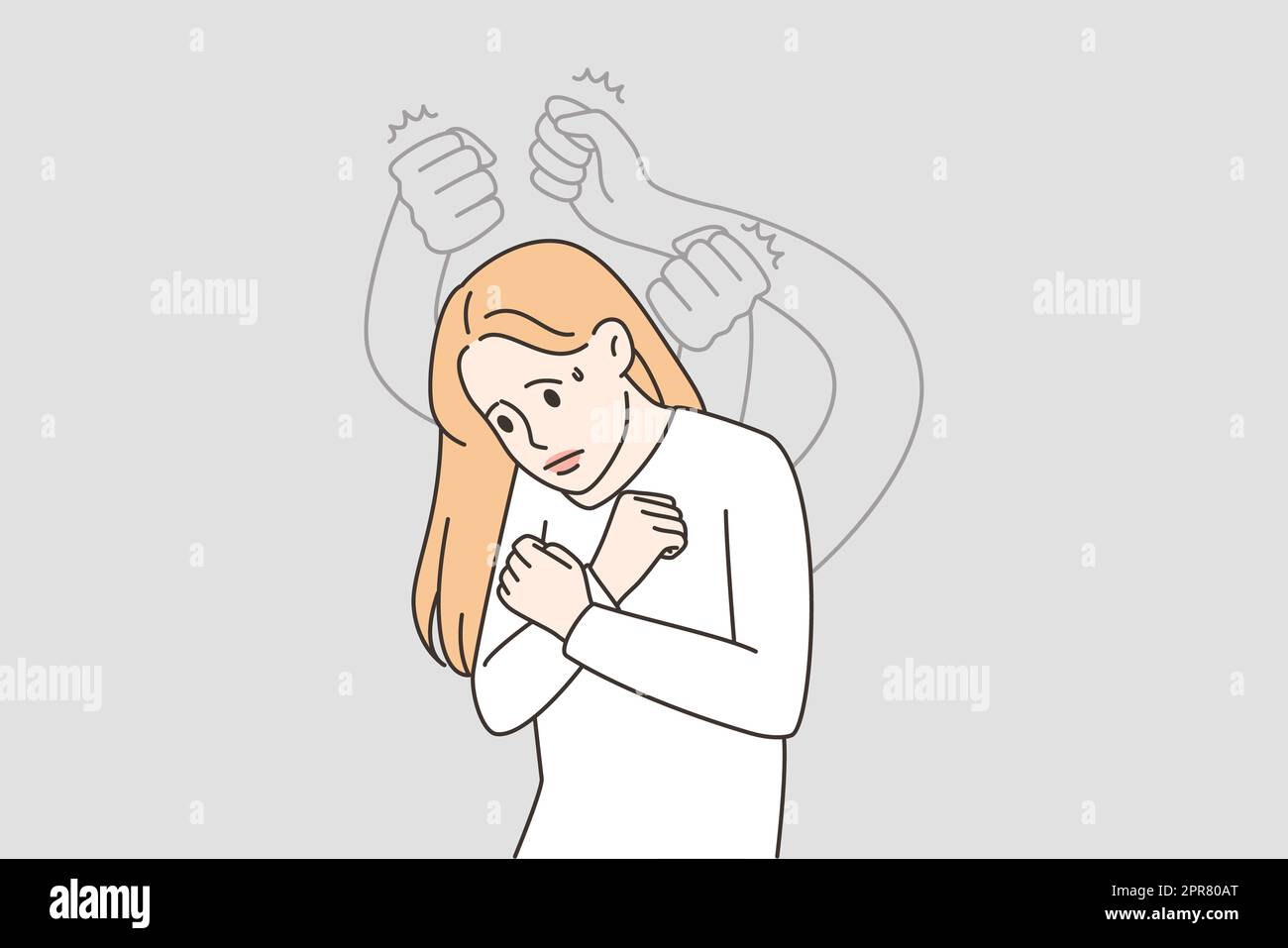 Ghost hands beating unhappy scared stressed woman. Upset female feeling ...