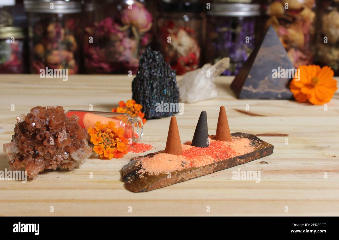 Aragonite Crystal With Incense and Stone Pyramid on Meditation Altar ...