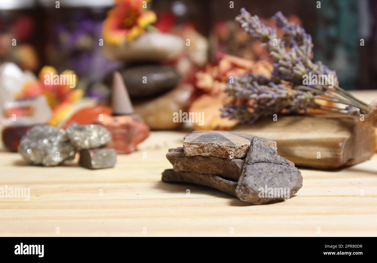 Ancient Native American Pottery Pieces With Crystals and Flowers on ...