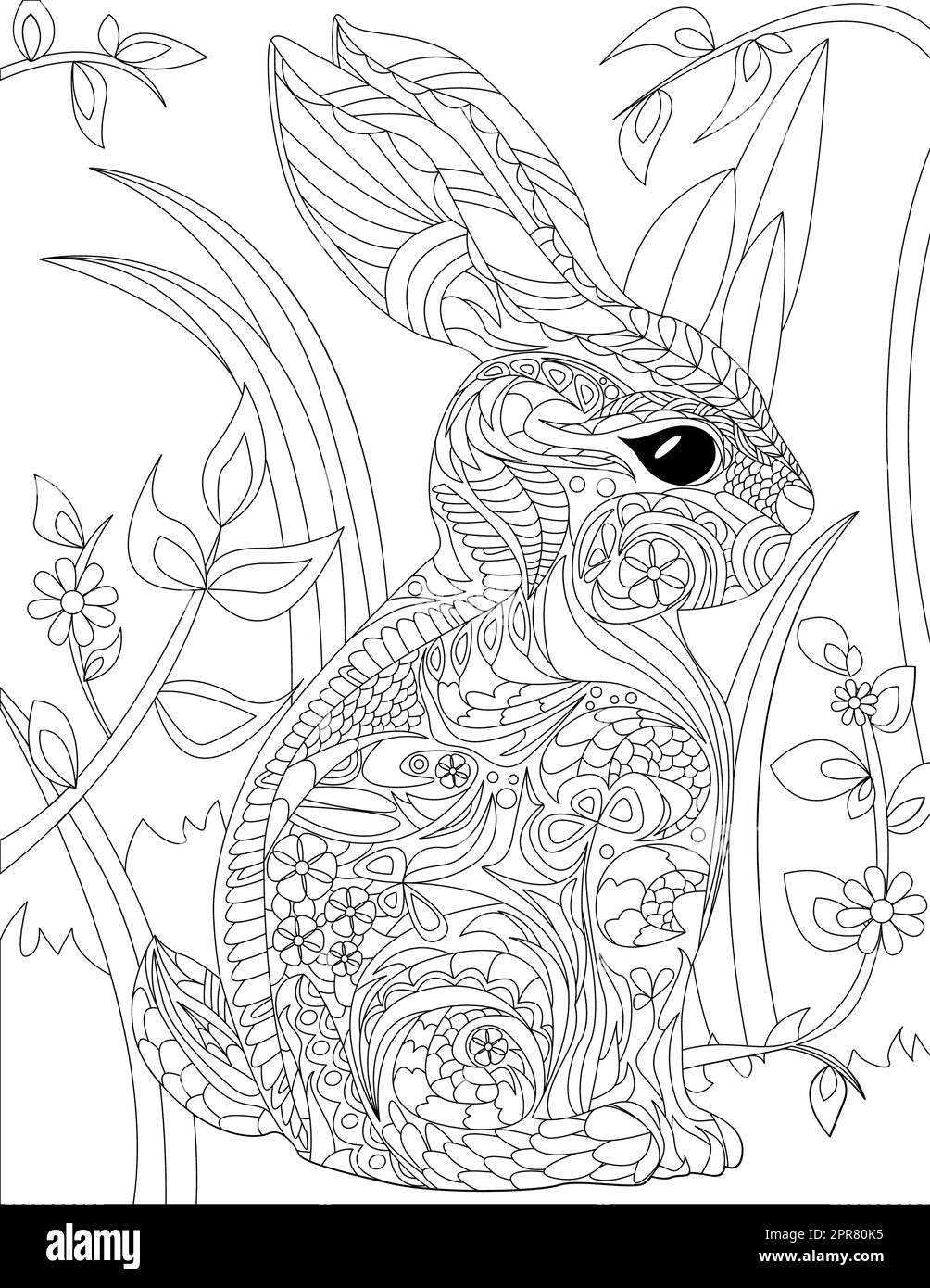 Coloring Book Page With Cute Detailed Rabbit Standing Still Stock Photo ...